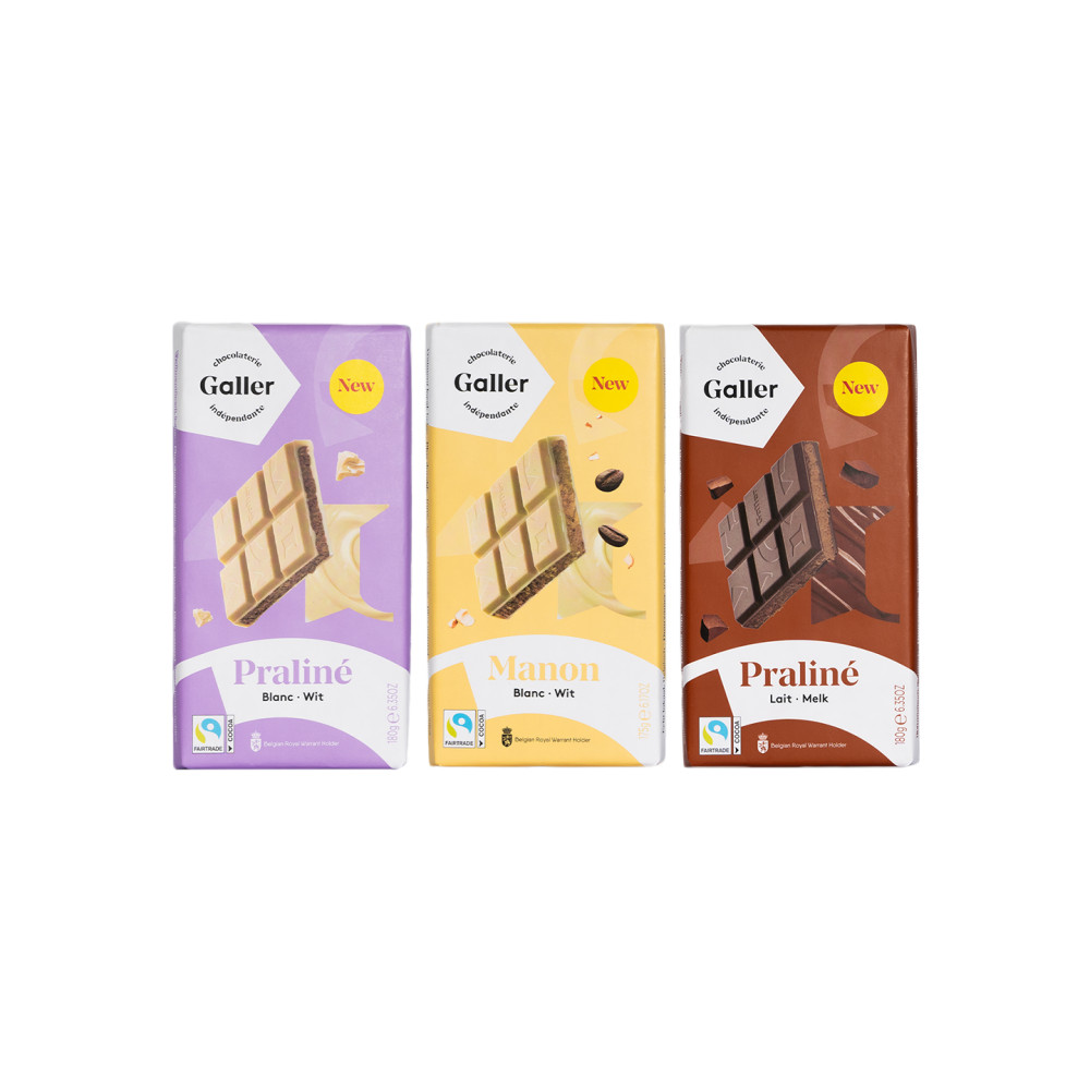 Suklaalevylajitelma Galler Blanc Praline X Blanc Manon X Lait Praline Suklaalevylajitelma Galler Blanc Praline X Blanc Manon X Lait Praline